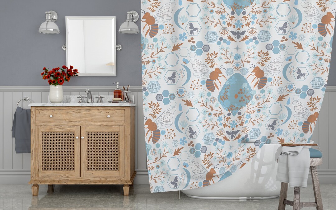 Bee Shower Curtain blue Honey Bees Curtain, Floral Bath Tub Curtain ...