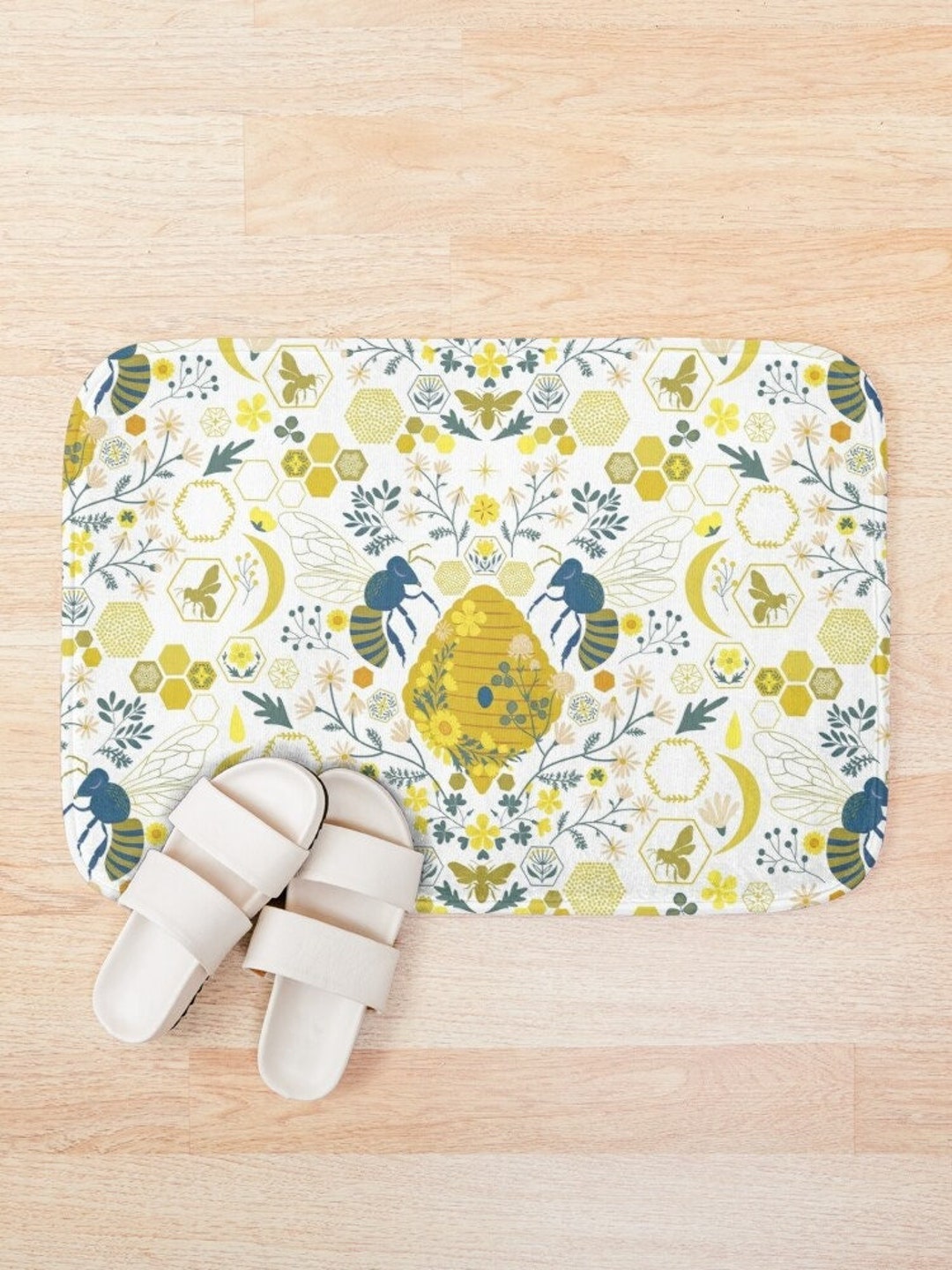 Bee Bath Mat -honey Bees Shower Rug, Floral Bath Rug, Honeycomb Shower ...