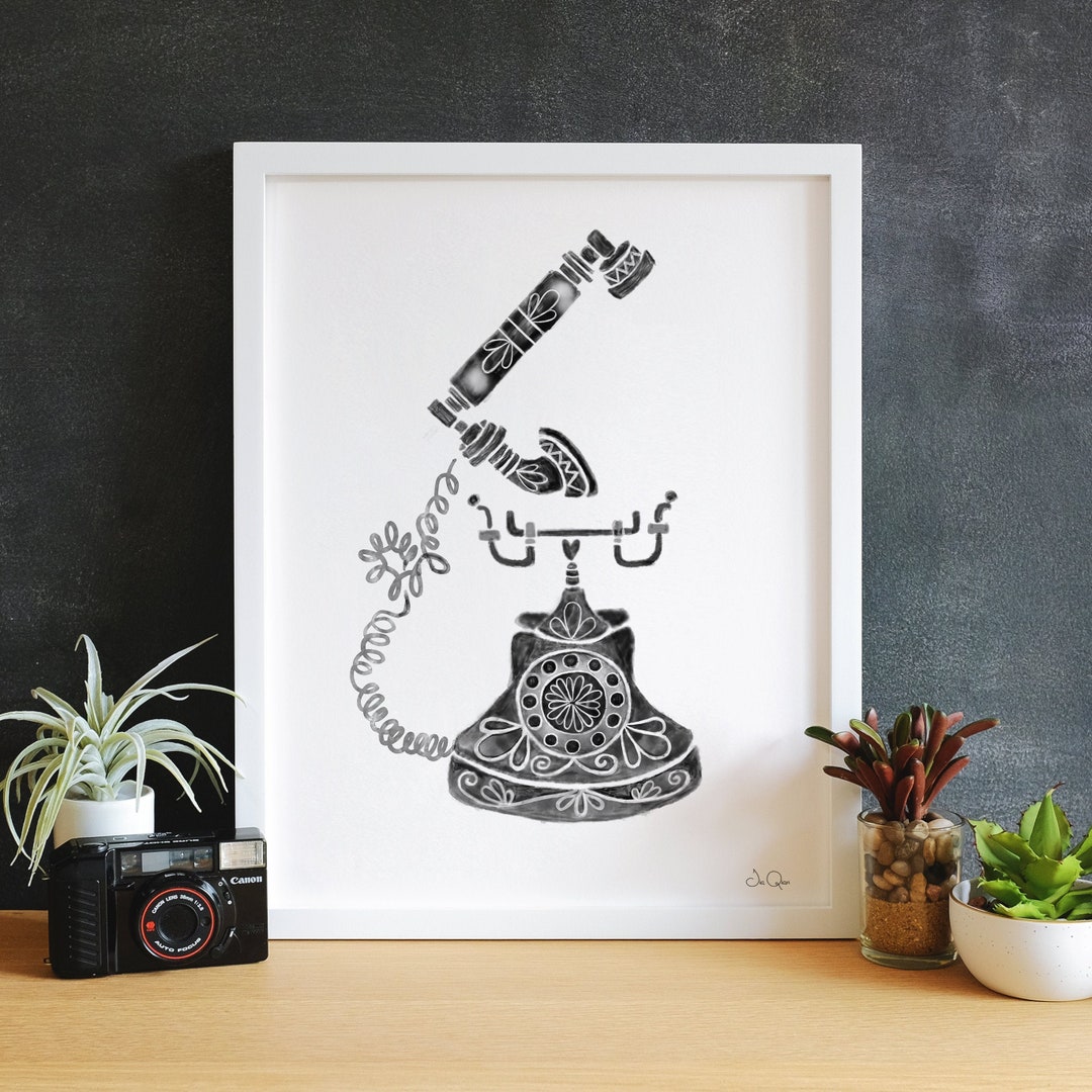 Retro Rotary Phone Print, Vintage Phone Art, Black and White Antique ...