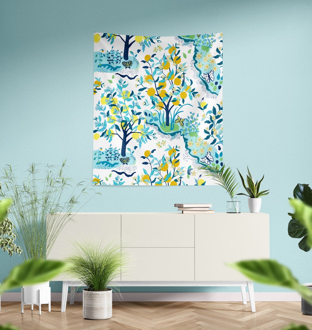 Lemon Tree Garden Tapestry - Blue and White Decor, Boho Art Wall ...