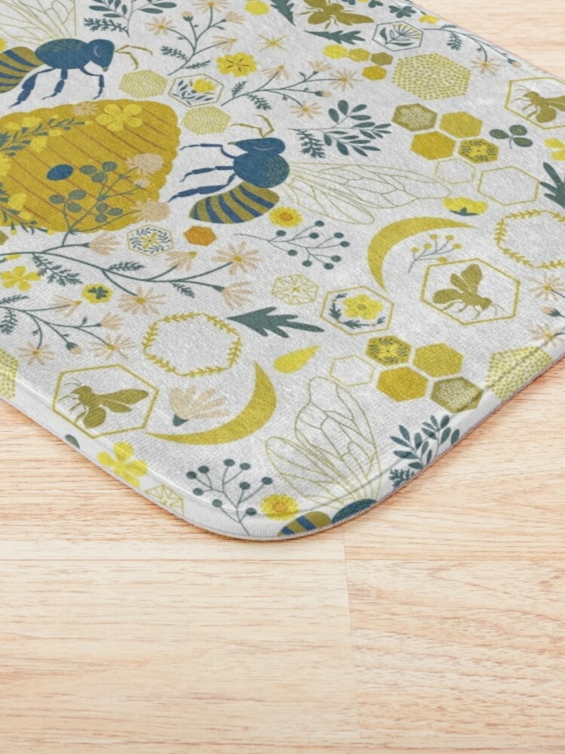 Bee Bath Mat -honey Bees Shower Rug, Floral Bath Rug, Honeycomb Shower ...