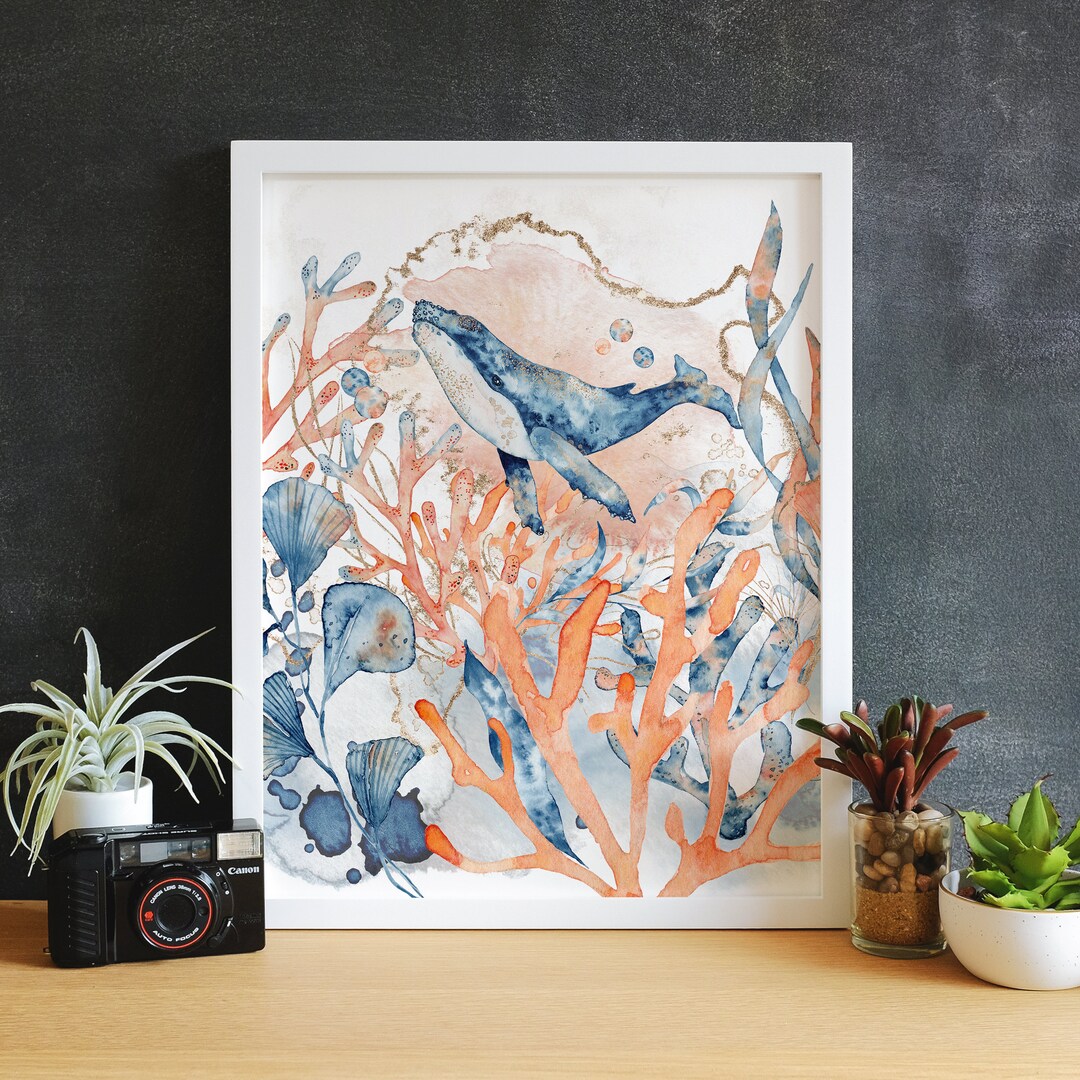 Whale Print- Coral Poster, Ocean Animal Poster, Whale Art, Bedroom Art ...