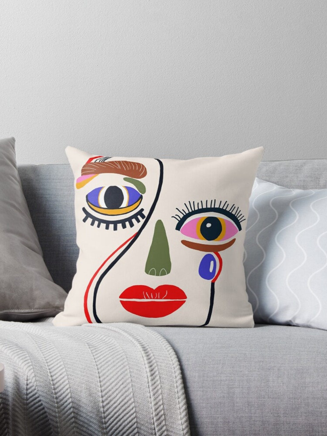 Line Art Pillow, Abstract Face Cushion, Contemporary Home Decor, Eyes ...