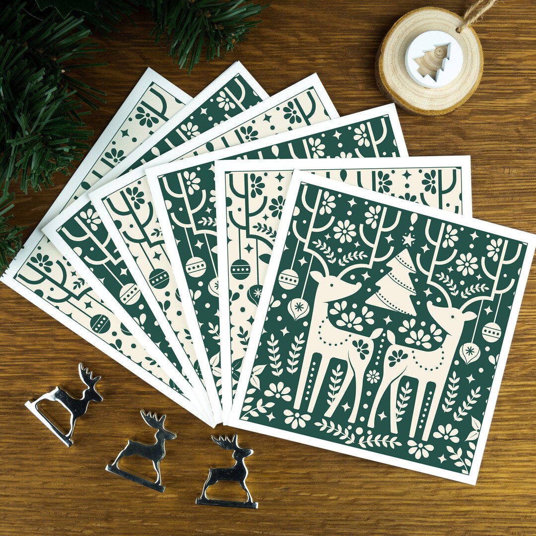 Reindeers, Green, Luxury Scandinavian Christmas Card Set, Christmas ...