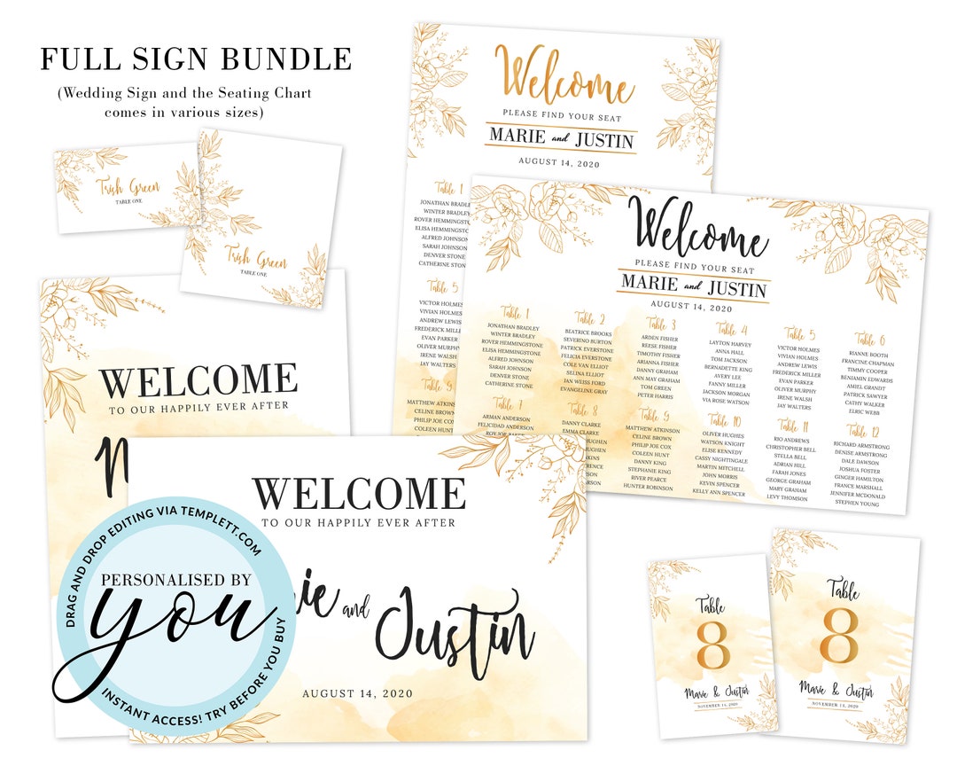 Sunny Full Wedding Signage Bundle, Welcome Sign, Seating Chart, Folded ...