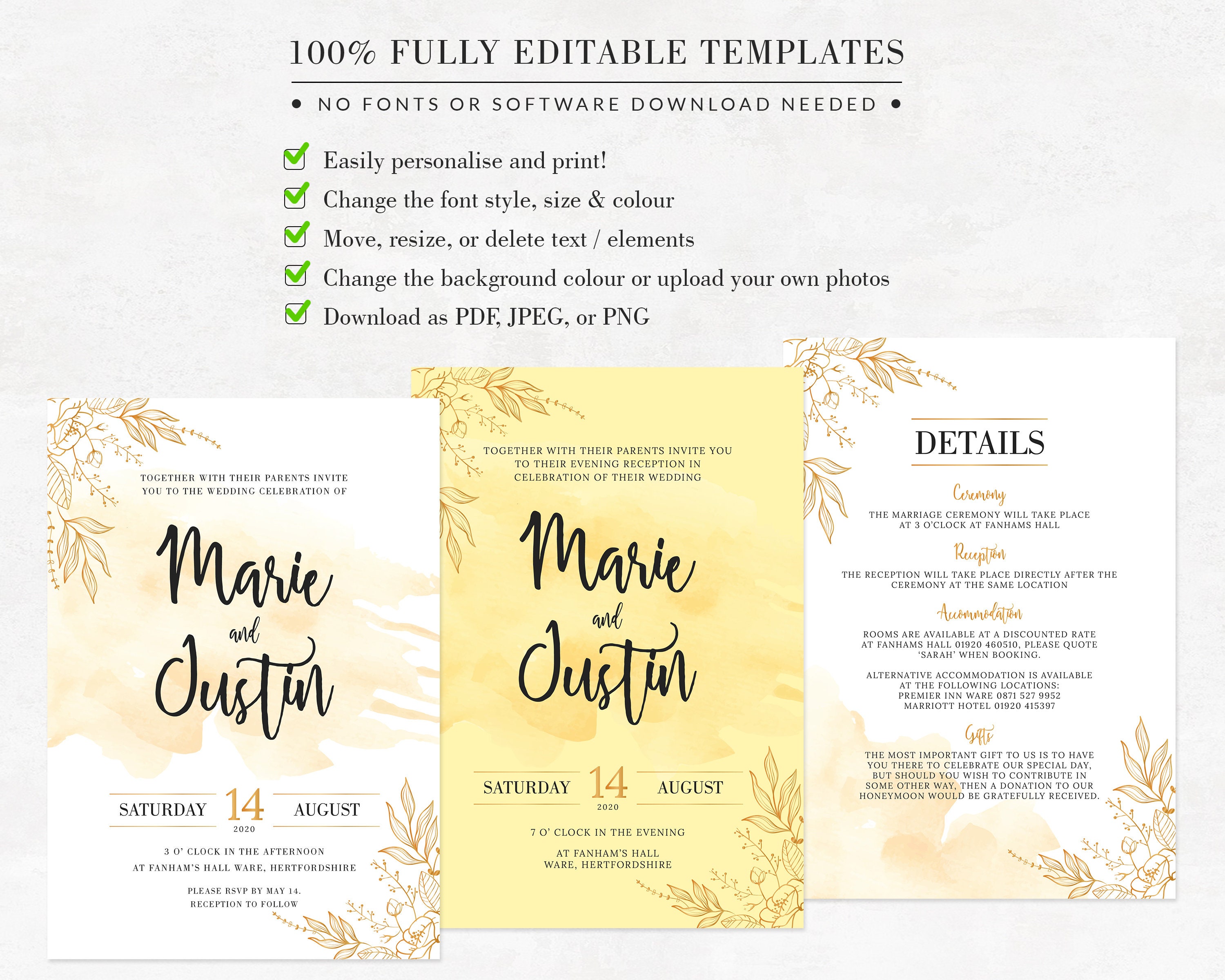 Sunny Printable Wedding Invitation Bundle Templates Fully | Etsy