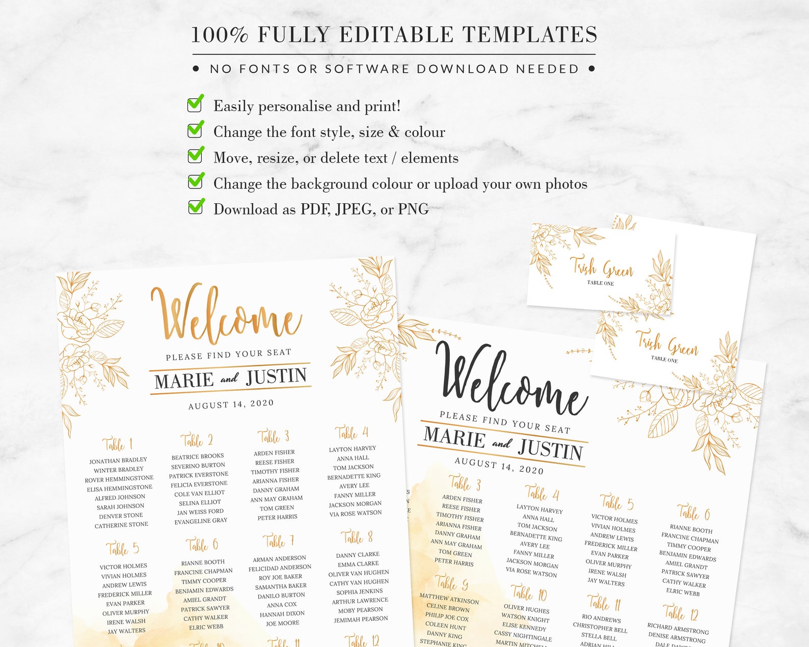 Sunny Printable Wedding Seating Plan Bundle Fully Editable | Etsy