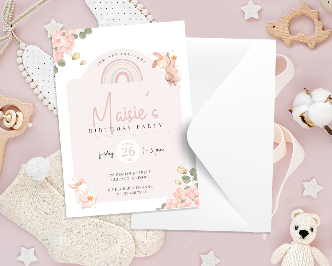 Baby Girl Pastel Pink Theme Party, Birthday Invite, Baby Shower Invite ...