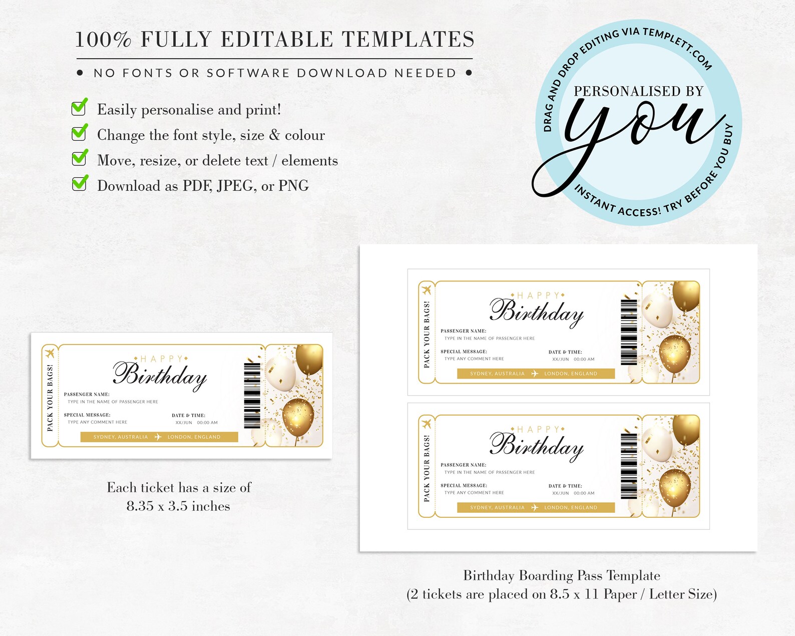 Editable Gold Birthday Ticket Template Bundle Surprise - Etsy