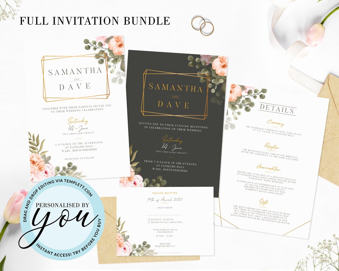 Stunning Printable Wedding Invitation Bundle Templates, Fully Editable ...