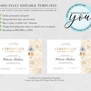 Editable Certificate of Completion Template, Training Certificate ...