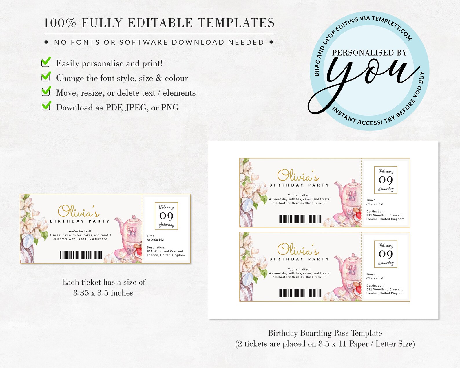 Editable Pastel Tea Time Ticket Template Bundle Surprise - Etsy