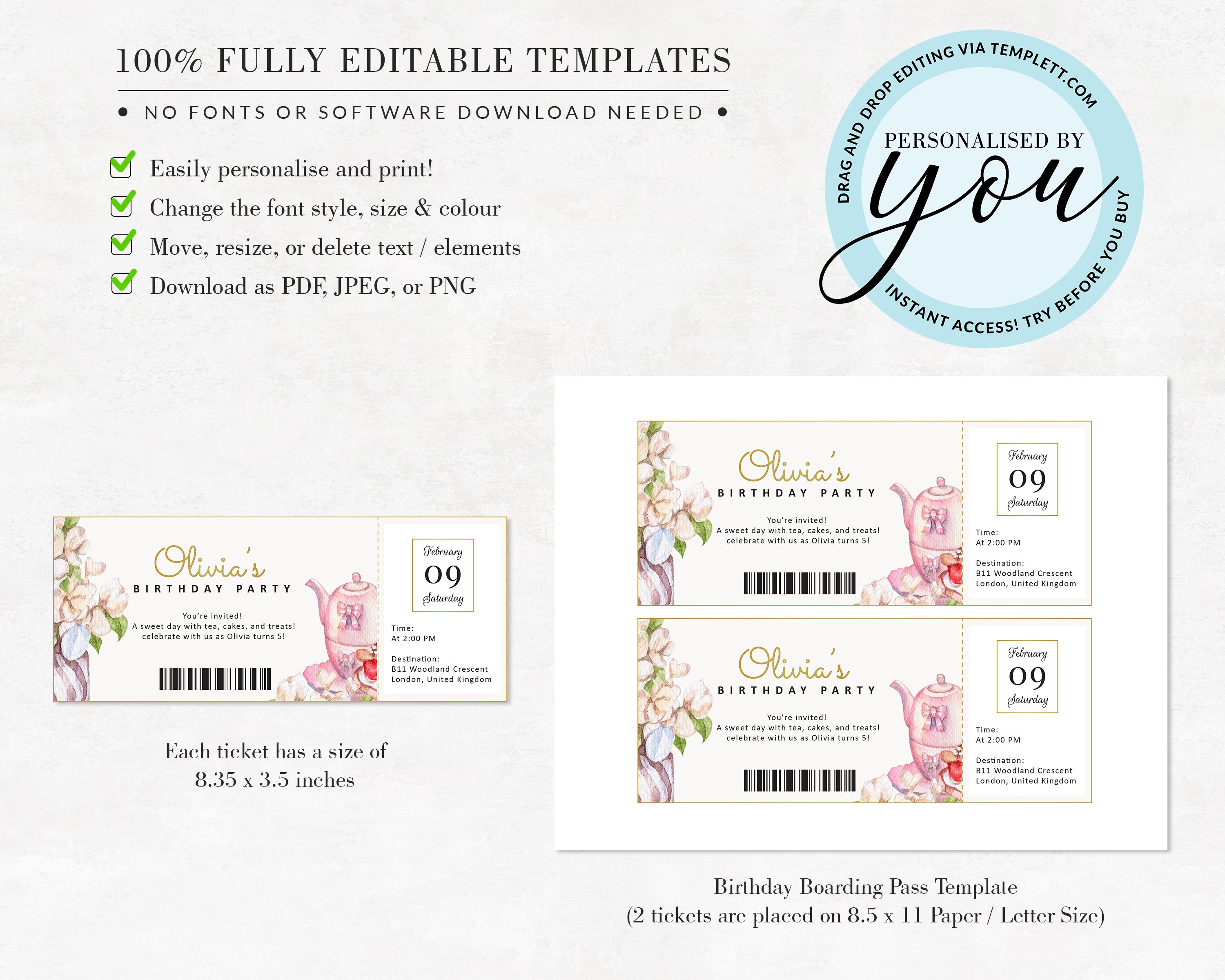 Editable Pastel Tea Time Ticket Template Bundle Surprise - Etsy