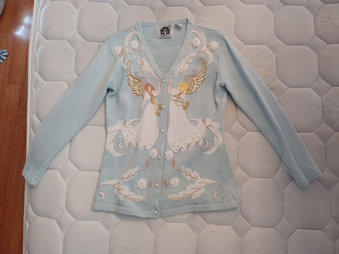 Vintage Tacky Storybook Knits Small Cardigan Sweater, Angels, Christmas ...