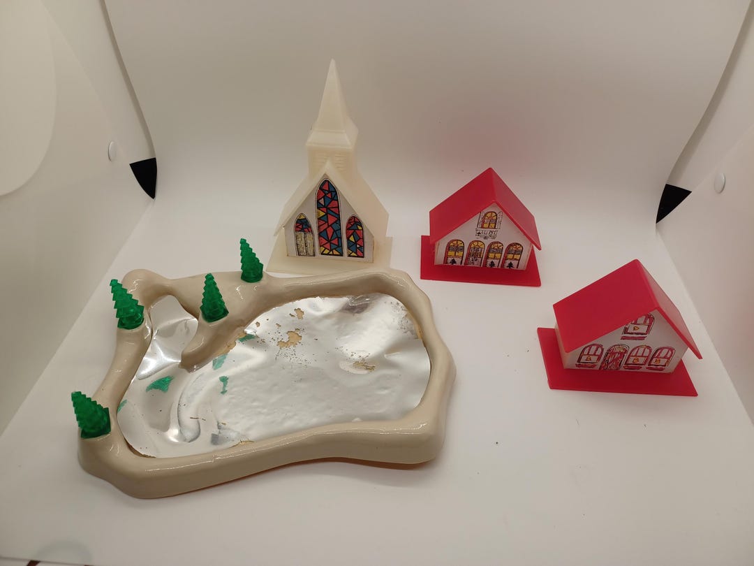 1970s Alpine Village Plastic Putz Houses, 1 Church, 2 Houses and 1 Pond ...