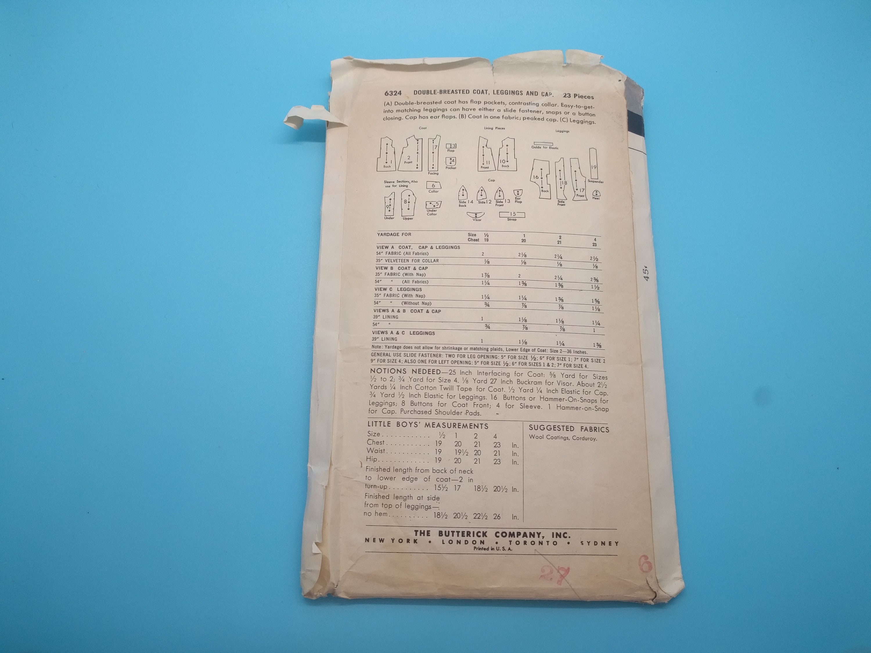Butterick sewing pattern 6324 boys size 1 chest 20 double | Etsy