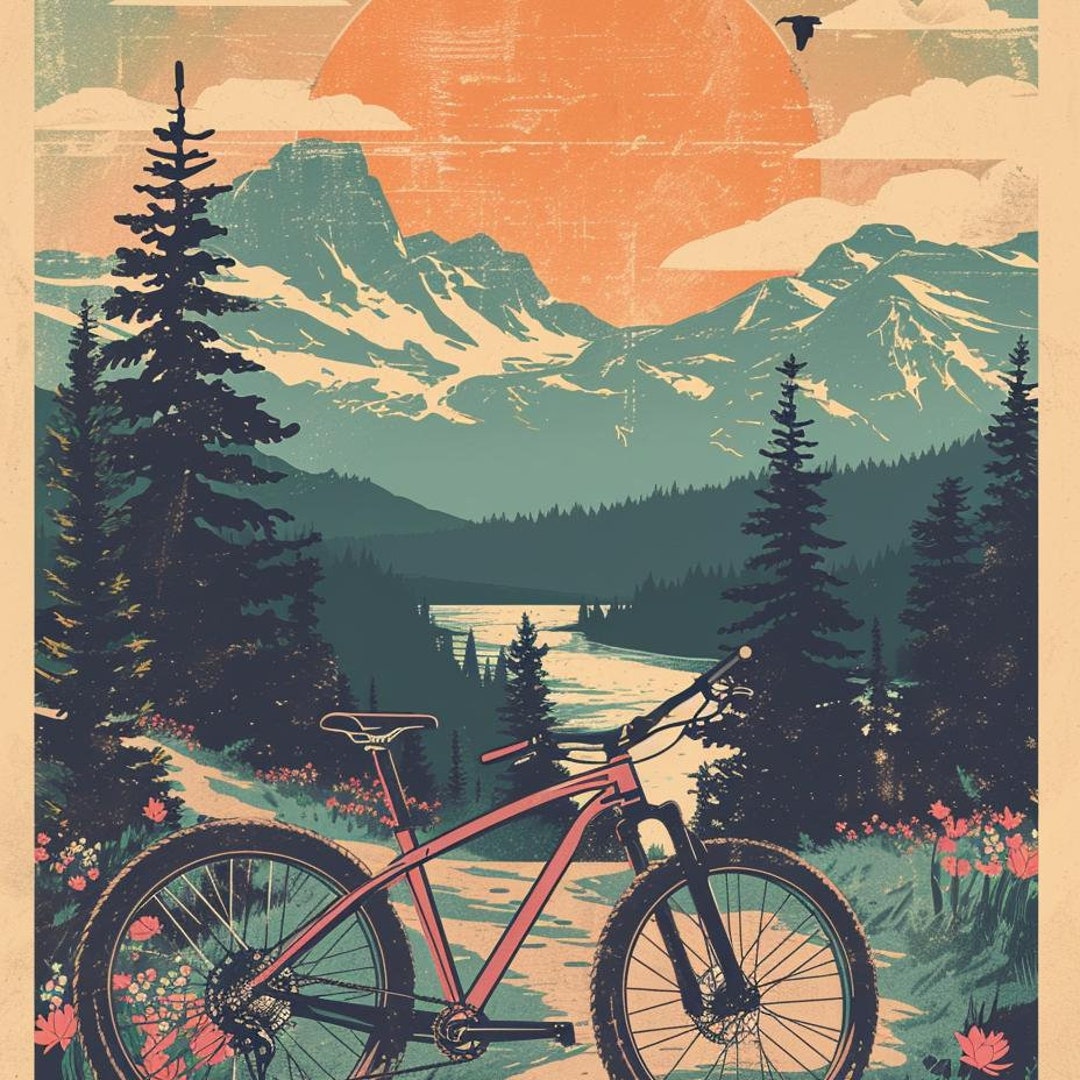 Vintage Mountain Bike Poster, Sunset Cycling Art Print, Nature ...