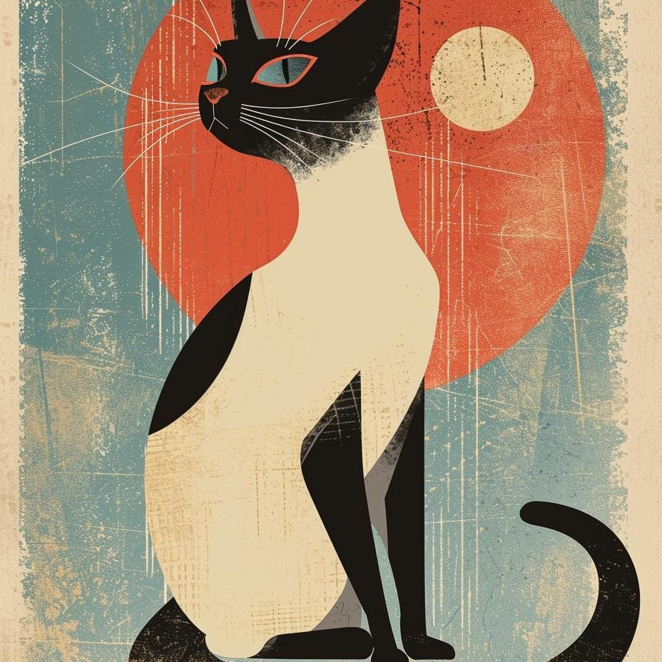 Vintage Cat Art Print, Mid-century Modern Feline Illustration, Retro ...