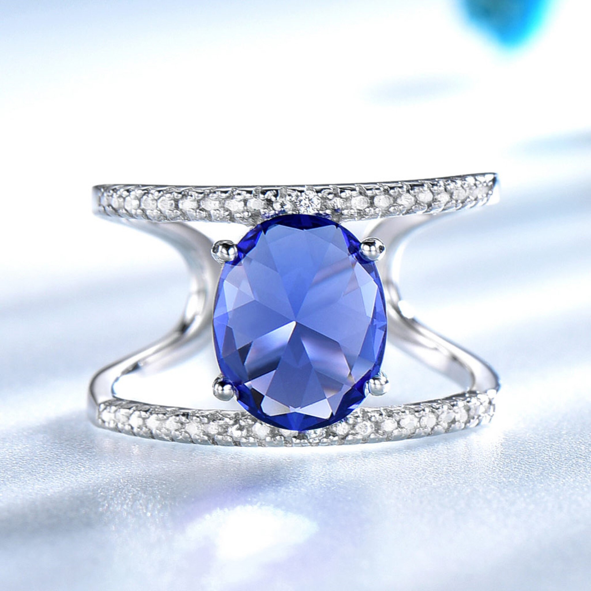 Sterling Silver Tanzanite Double Ring, Blue Stone Open Ring, Simple ...