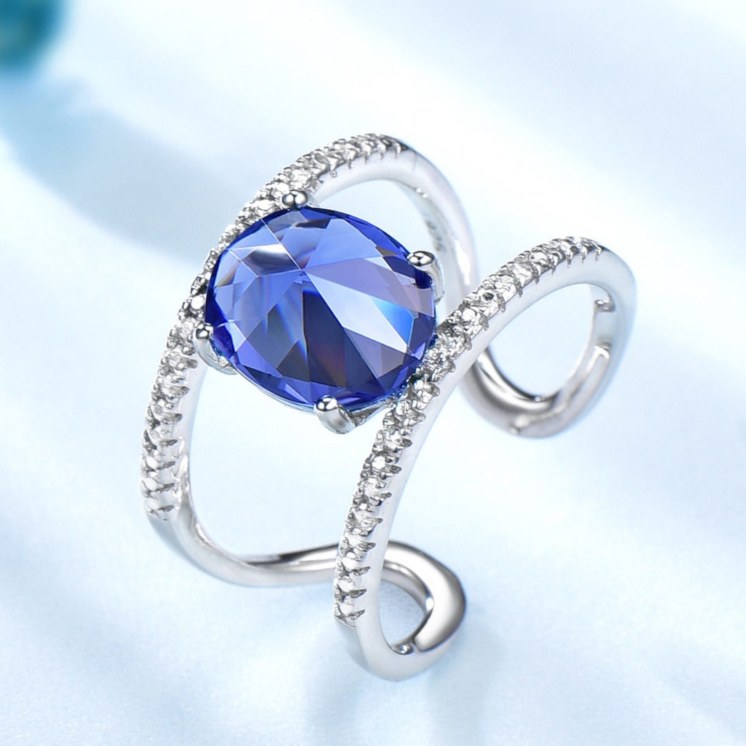 Sterling Silver Tanzanite Double Ring, Blue Stone Open Ring, Simple ...