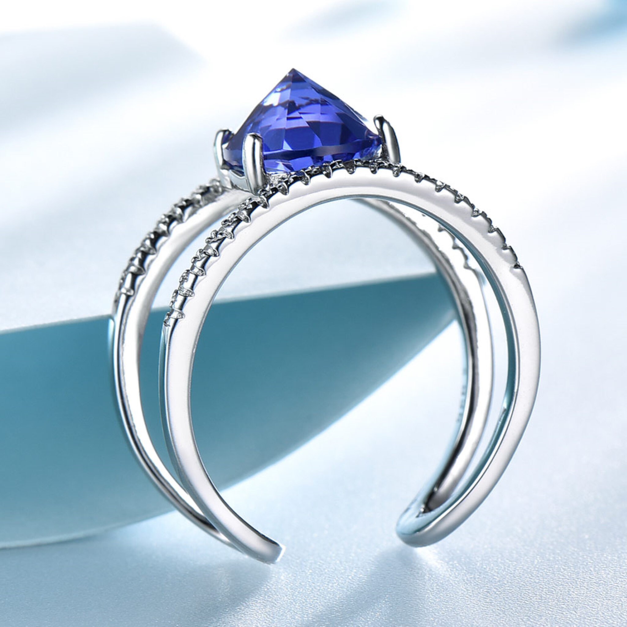 Sterling Silver Tanzanite Double Ring, Blue Stone Open Ring, Simple ...