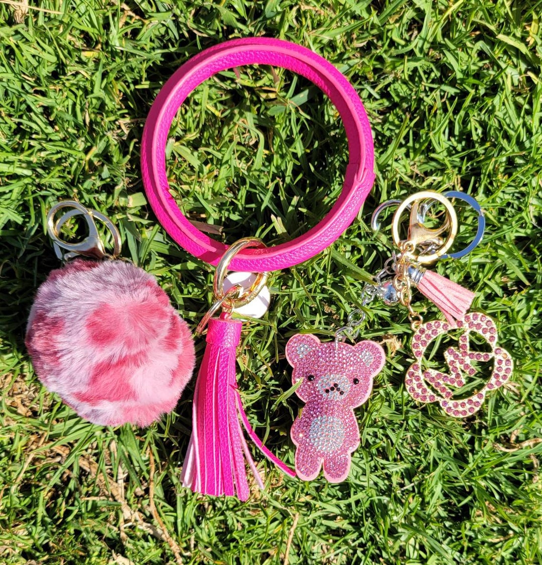 Safety Wristlet Keychainet Glitter Teddy Bear Pom Pom Purse Accessories ...