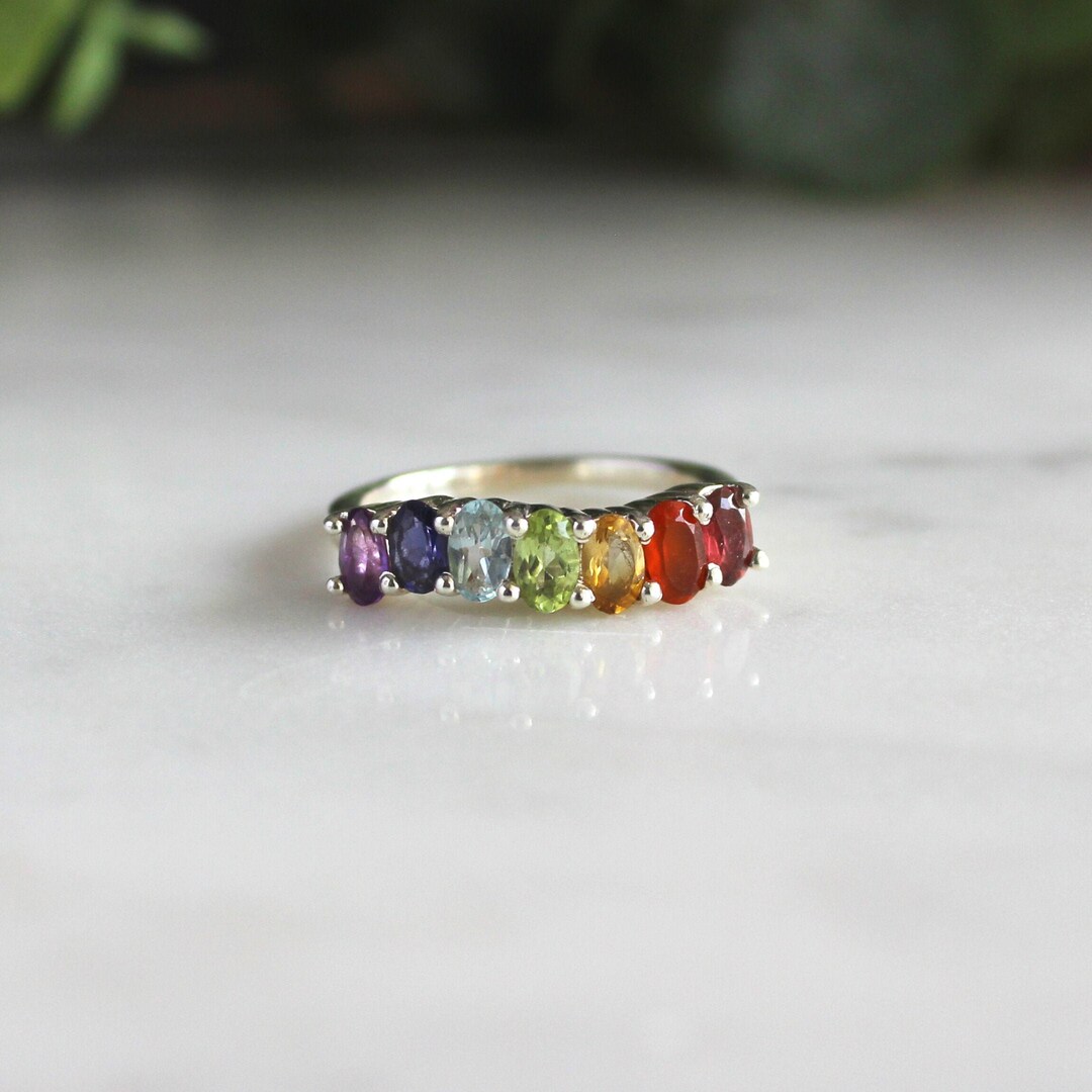 Chakra Ring Naturliche Sieben Edelstein Chakra Heilung Ring spiritueller Ring Yoga Schmuck Sterling Silber Schmuck Multistone Regenbogen Ring Etsy