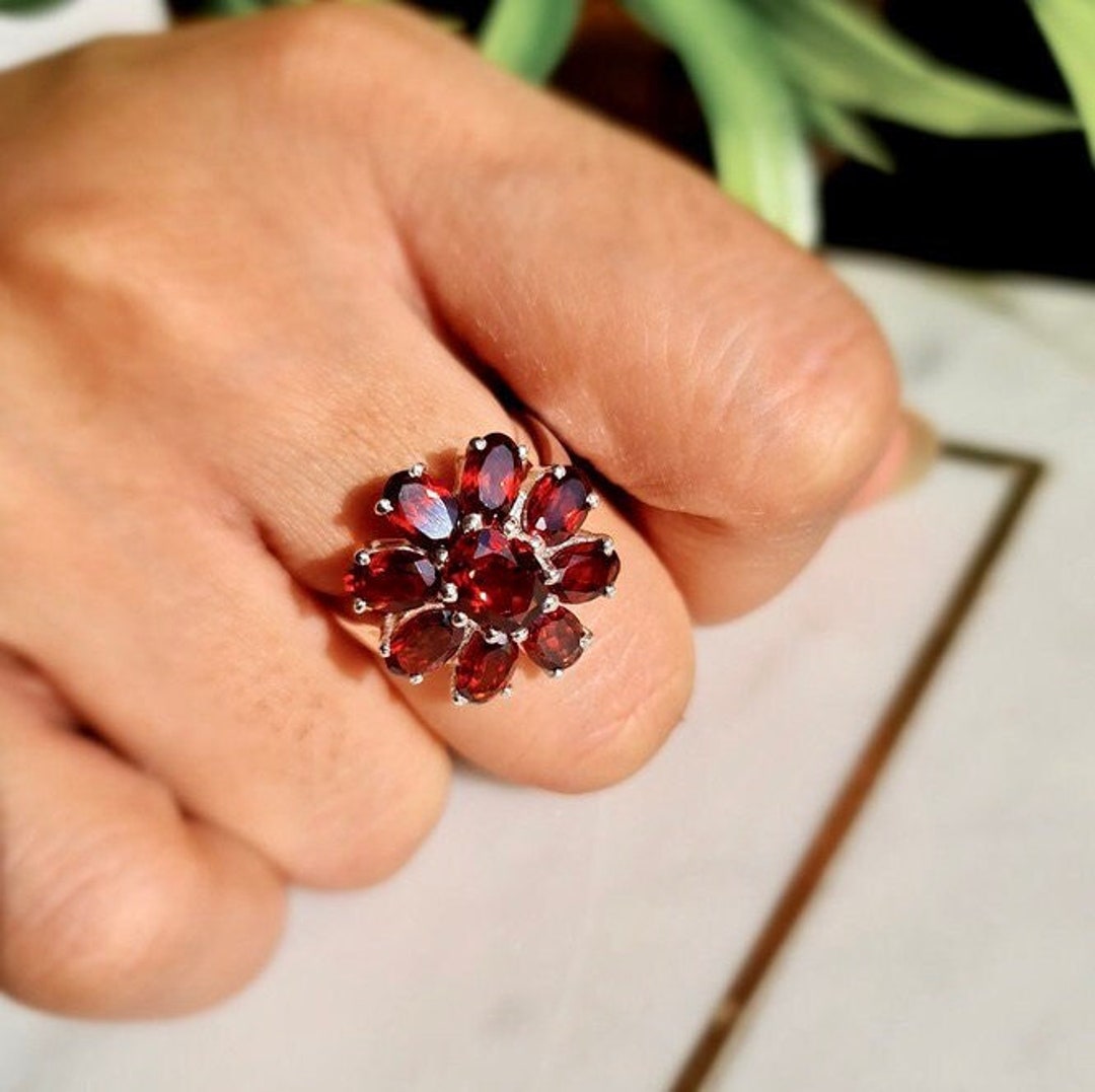 Flower Garnet Ring Statement Ring Natural Gemstone January - Etsy
