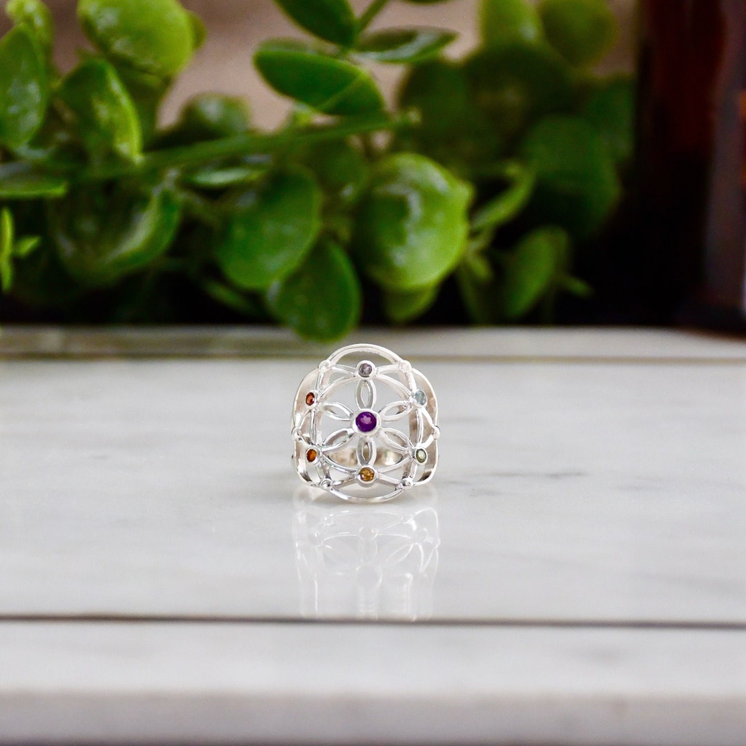Flower of Life Chakra Ring, Natural 7 Gemstones, Spiritual Healing Ring ...