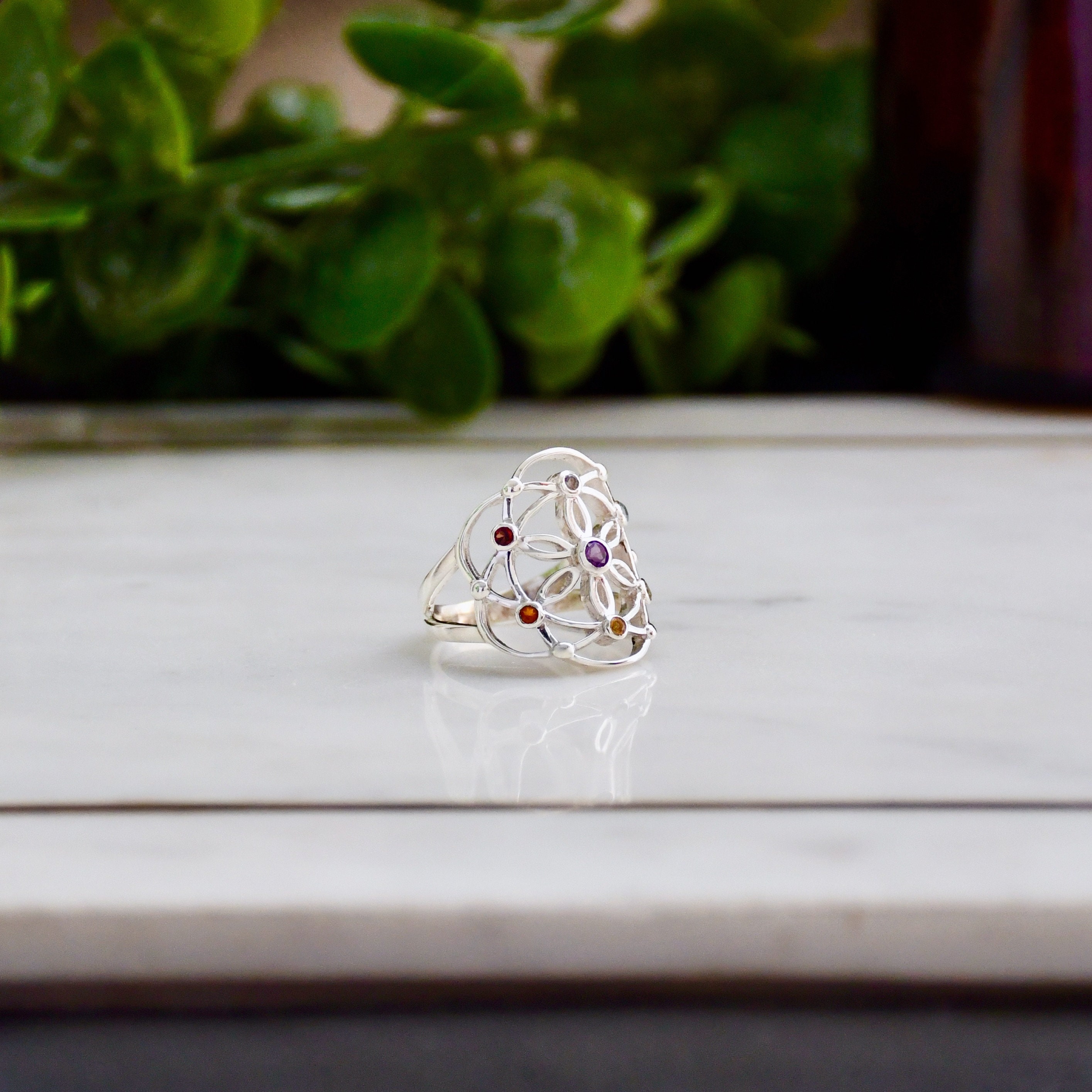Flower of Life Chakra Ring, Natural 7 Gemstones, Spiritual Healing Ring ...