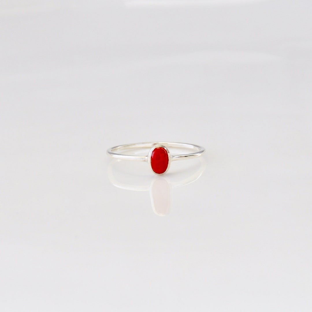 Dainty Oval Coral Ring, 925 Sterling Silver Minimalist Ring - Etsy