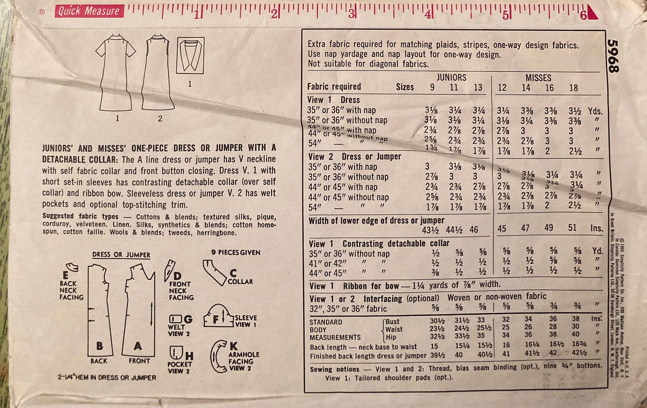 Vintage Sewing Pattern Misses A Line Jumper or Dress Detachable Collar ...