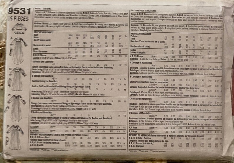 Historical Sewing Pattern 1500s Gown Blouse Gauntlets Uncut FF Misses 6 ...