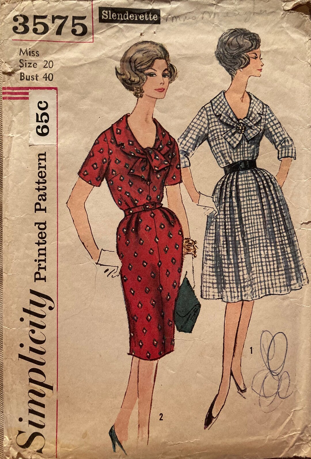 Vintage Sewing Pattern Women's 1960s One Piece Dress Size 20 Slenderette Slim or Pleated Full ...
