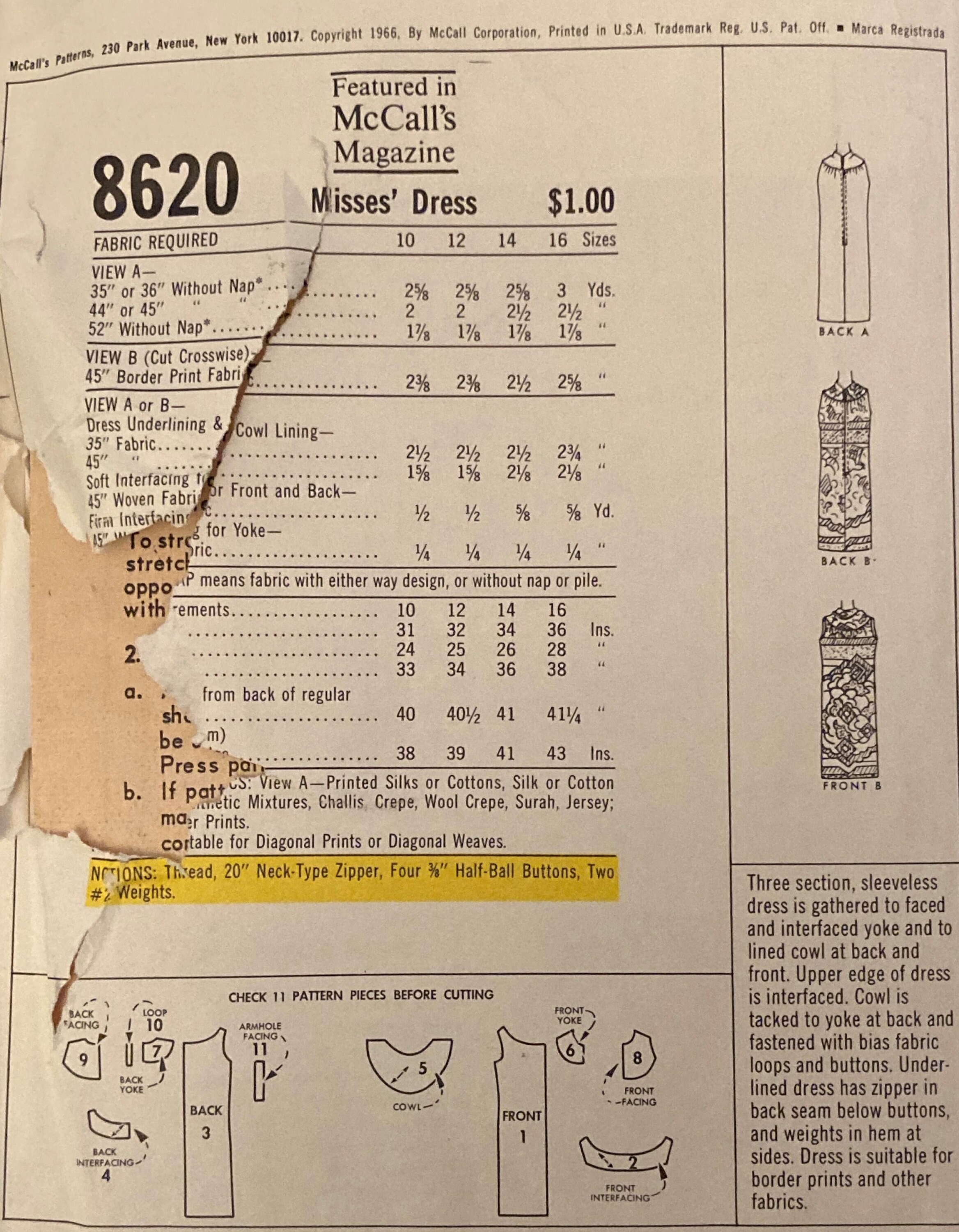 Vintage Sewing Pattern Donald Brooks Designer Cowl Yoked Neckline Dress ...