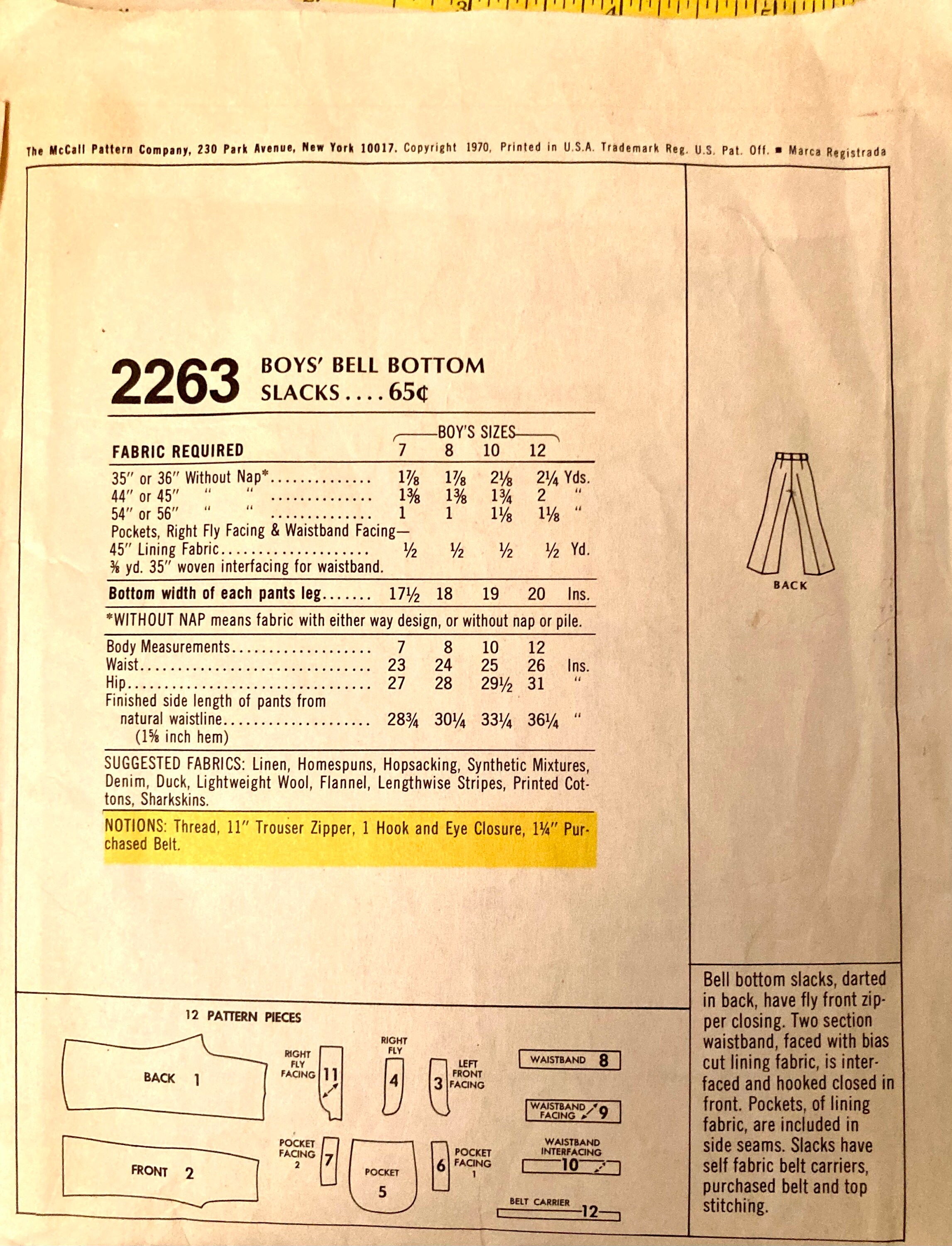 Vintage Sewing Pattern Bell Bottom Slacks Flared Pants Boys Size 8 ...