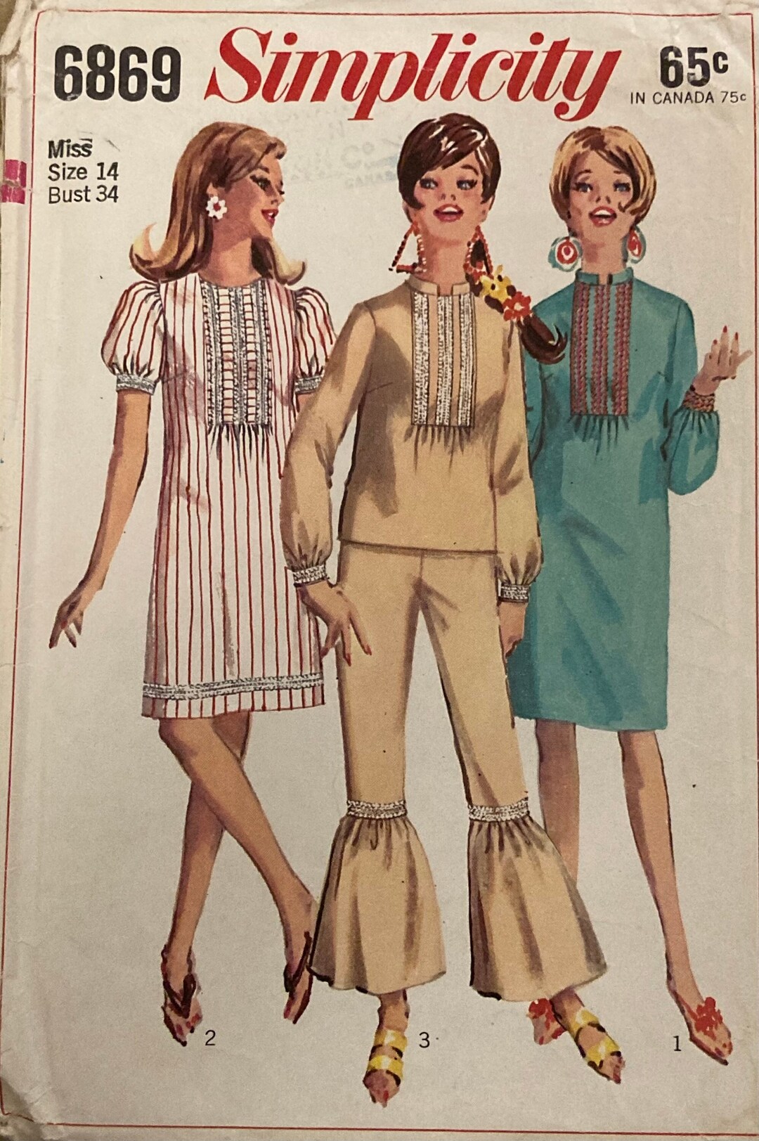 Vintage Sewing Pattern 1966 One Piece Band Collar Dress or Top Lower ...