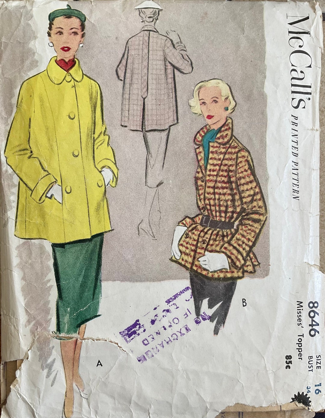 Vintage Sewing Pattern Misses 1951 Topper Jacket Inverted Back Pleat ...