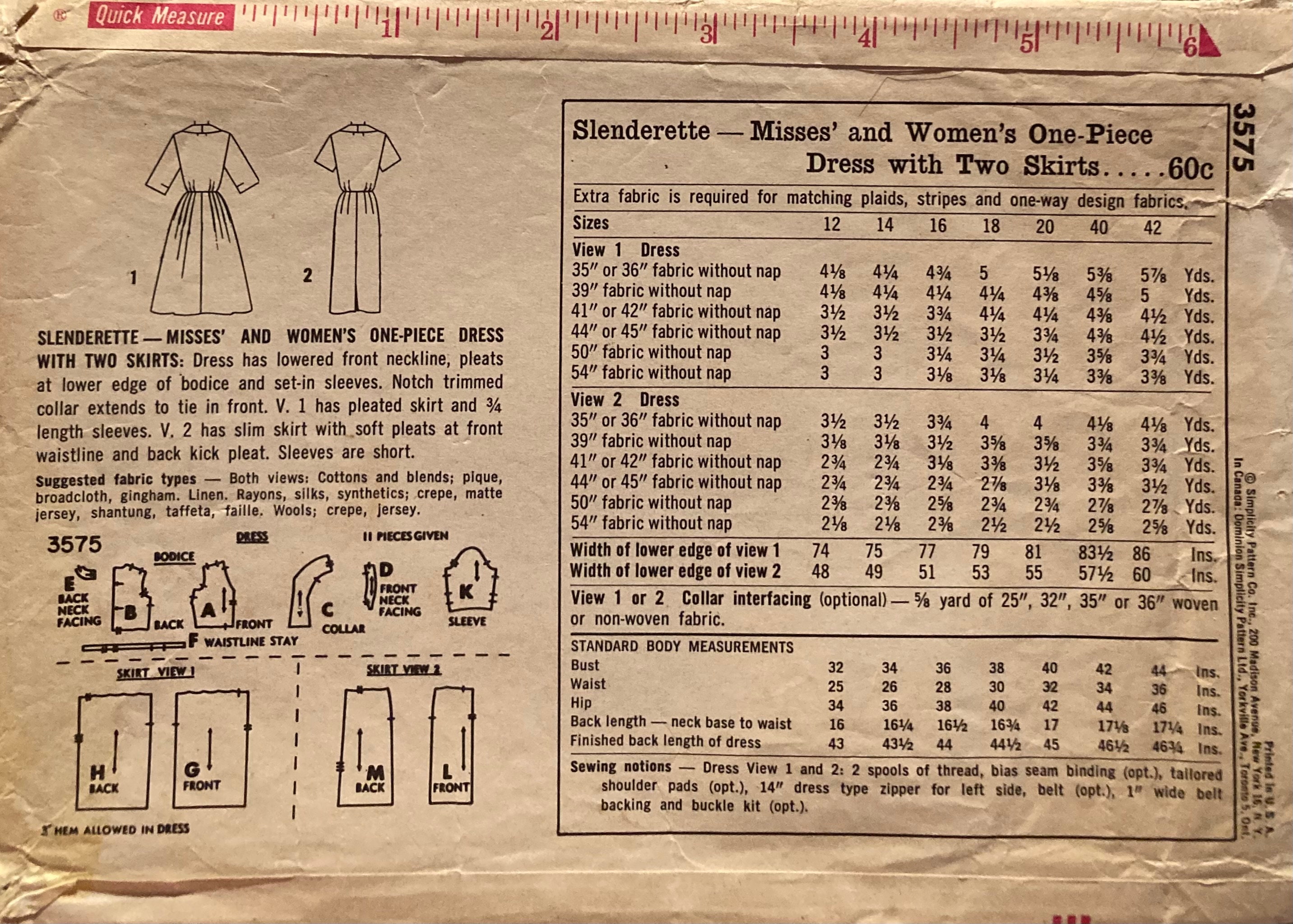 Vintage Sewing Pattern Women's 1960s One Piece Dress Size 20 Slenderette Slim or Pleated Full ...