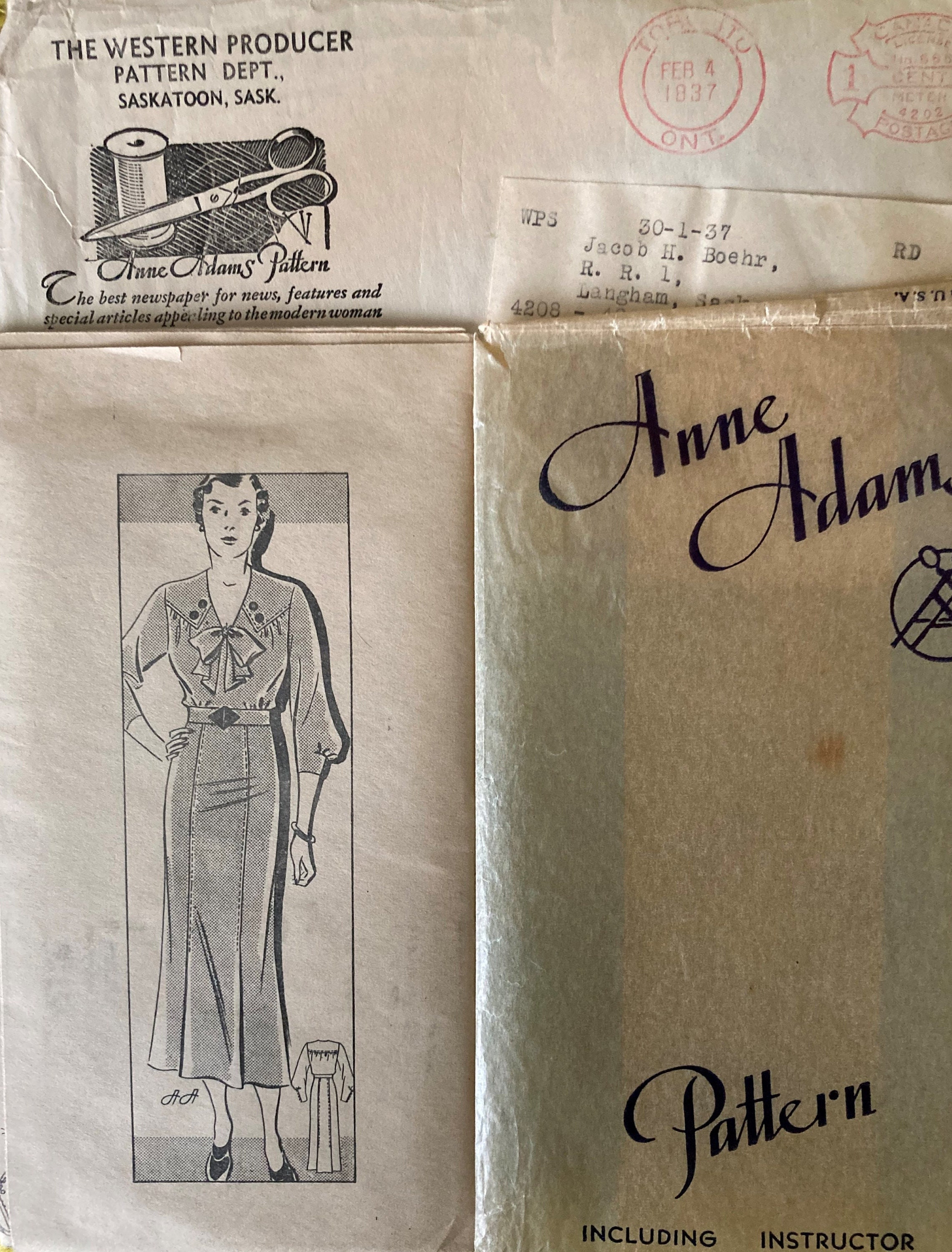 Vintage Anne Adams 1930s Sewing Pattern Yoked Dress With Fitted Panel ...