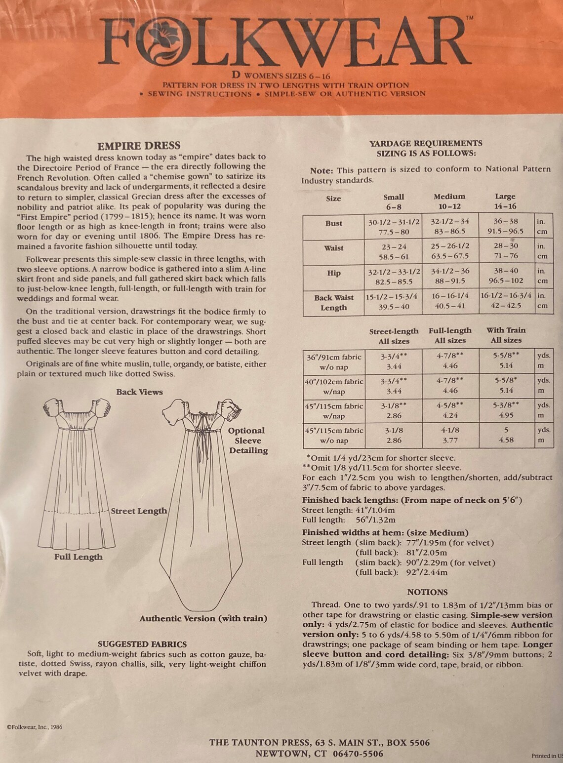 Vintage Folkwear Sewing Pattern 215 Empire Dress Multisized - Etsy