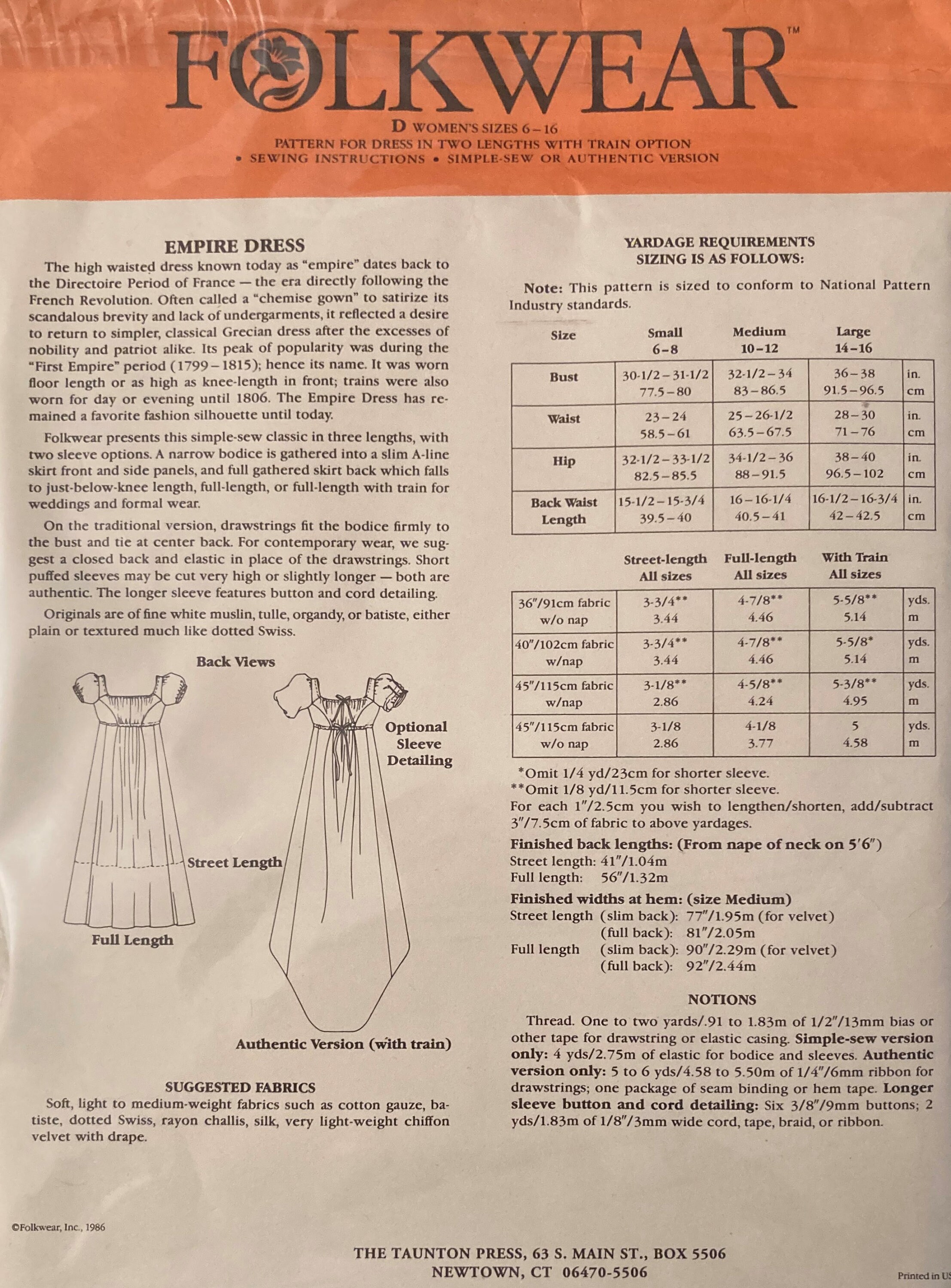 Vintage Folkwear Sewing Pattern 215 Empire Dress Multisized Uncut Early ...