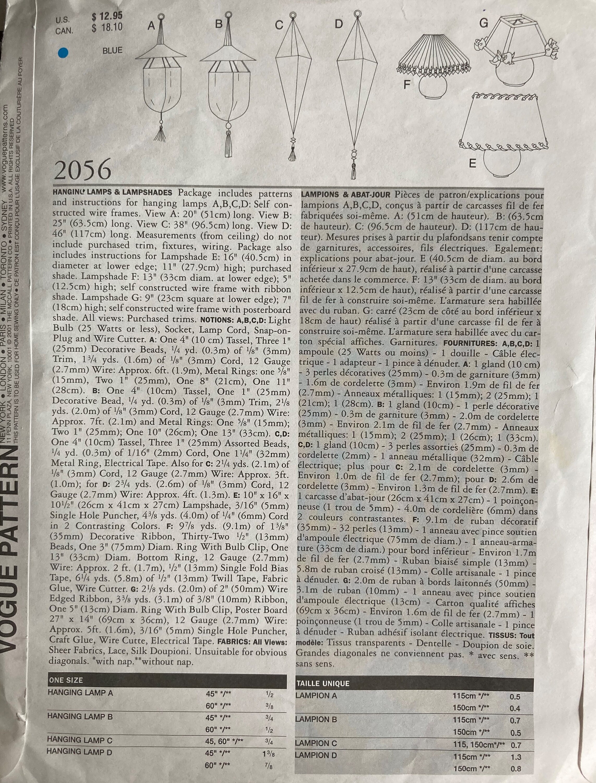 Vogue Patterns for Living Hanging Lamps Sewing Pattern Susanna Stratton ...