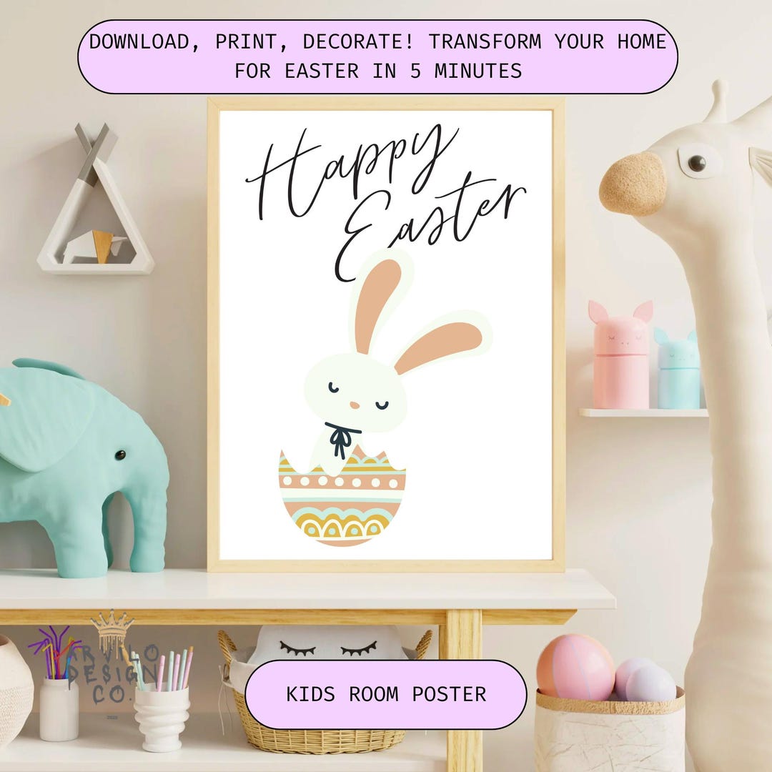 Happy Easter Bunny Printable | Cute Spring Wall Art for Kids Room or ...