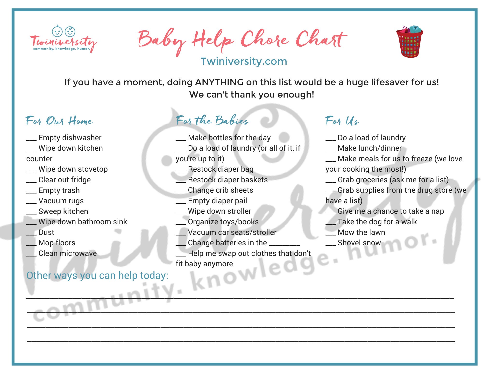 Baby Help Chore Chart - Get Your Guests to Help Out When Visiting Baby ...
