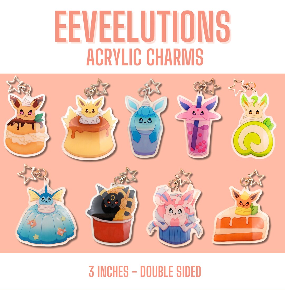 Eeveelutions Cute Chibi Dessert Acrylic Charms 3 Inches pokemon Vaporeon Flareon Jolteon Espeon ...