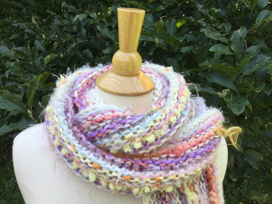 Pastel Peach Novelty Yarn Scarf Hand-knit Fringed Textured Alpaca, Wool ...
