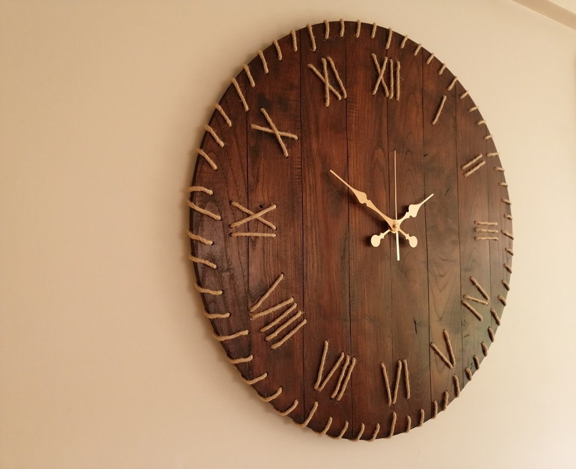 Large Wooden Wall Clock With Rope, Modern Handmade Livingroom Wall ...