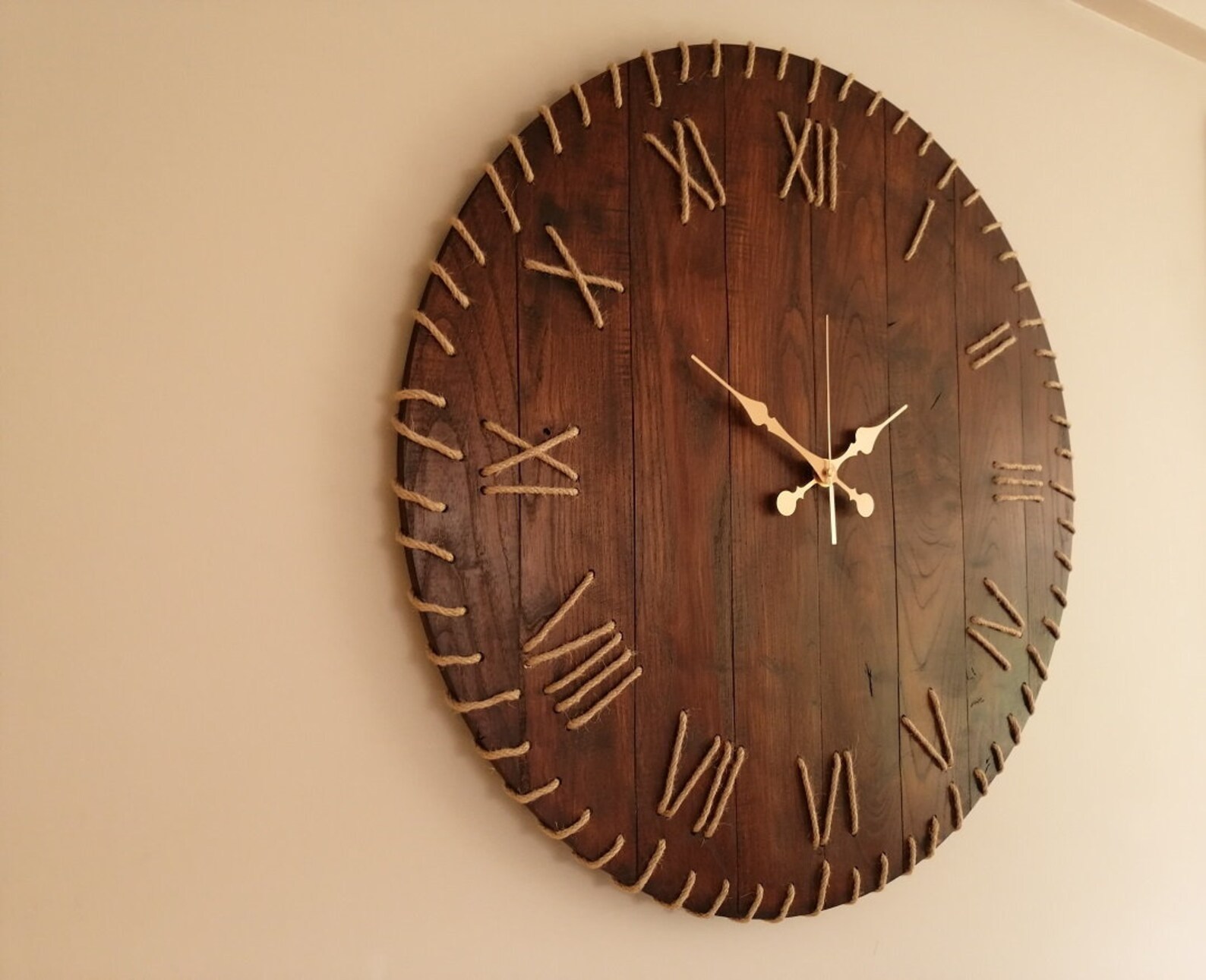 Large Wooden Wall Clock With Rope, Modern Handmade Livingroom Wall ...