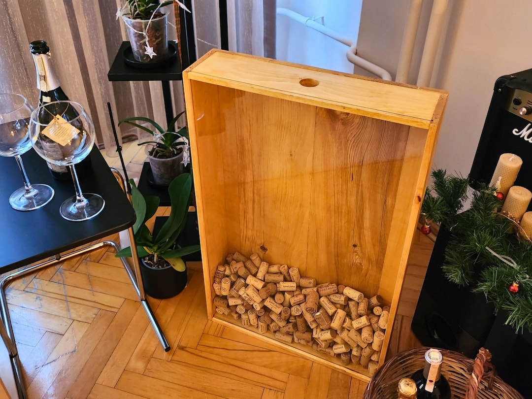 Handmade Wooden Wine Cork Collection Box - Rustic Wine Stopper Storage ...